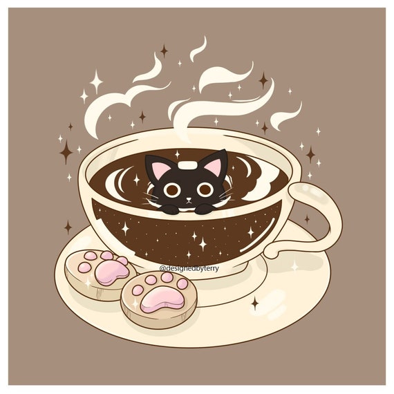 Black Cat Tea Art Print 5 X 5 Postcard - Etsy