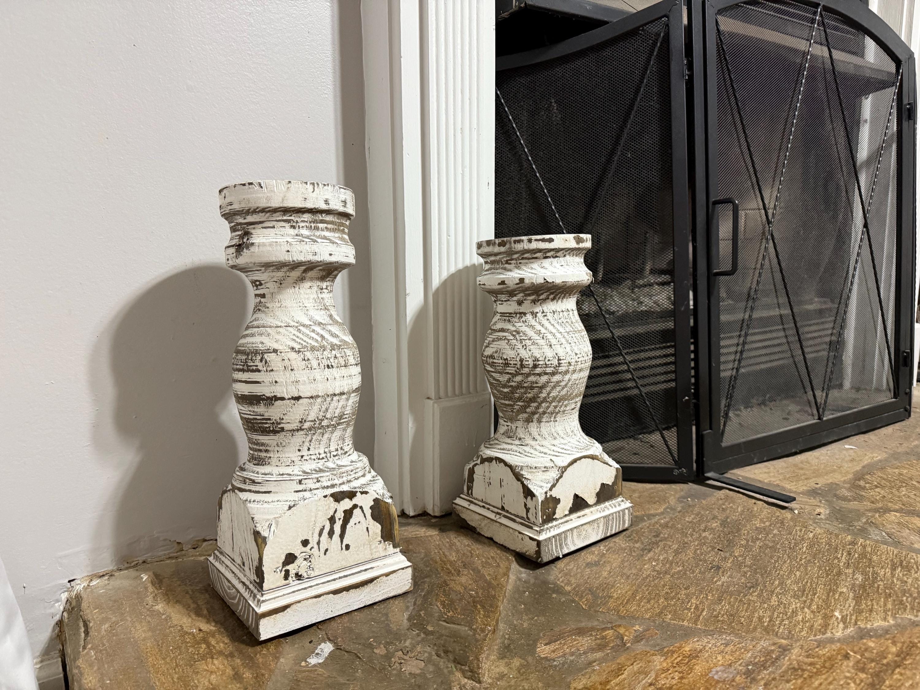 Large Floor Pillar Distressed Candlestick Holder - Candles Farmhouse ...