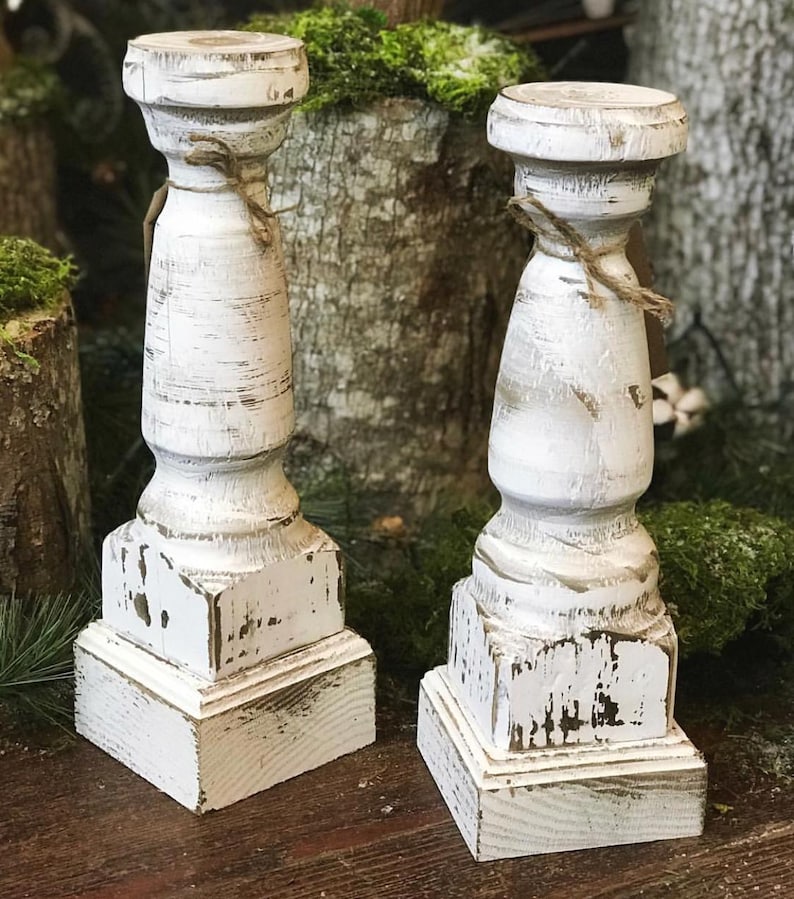 Large Pillar Distressed Candlestick Holders - Candles Farmhouse Candle ...