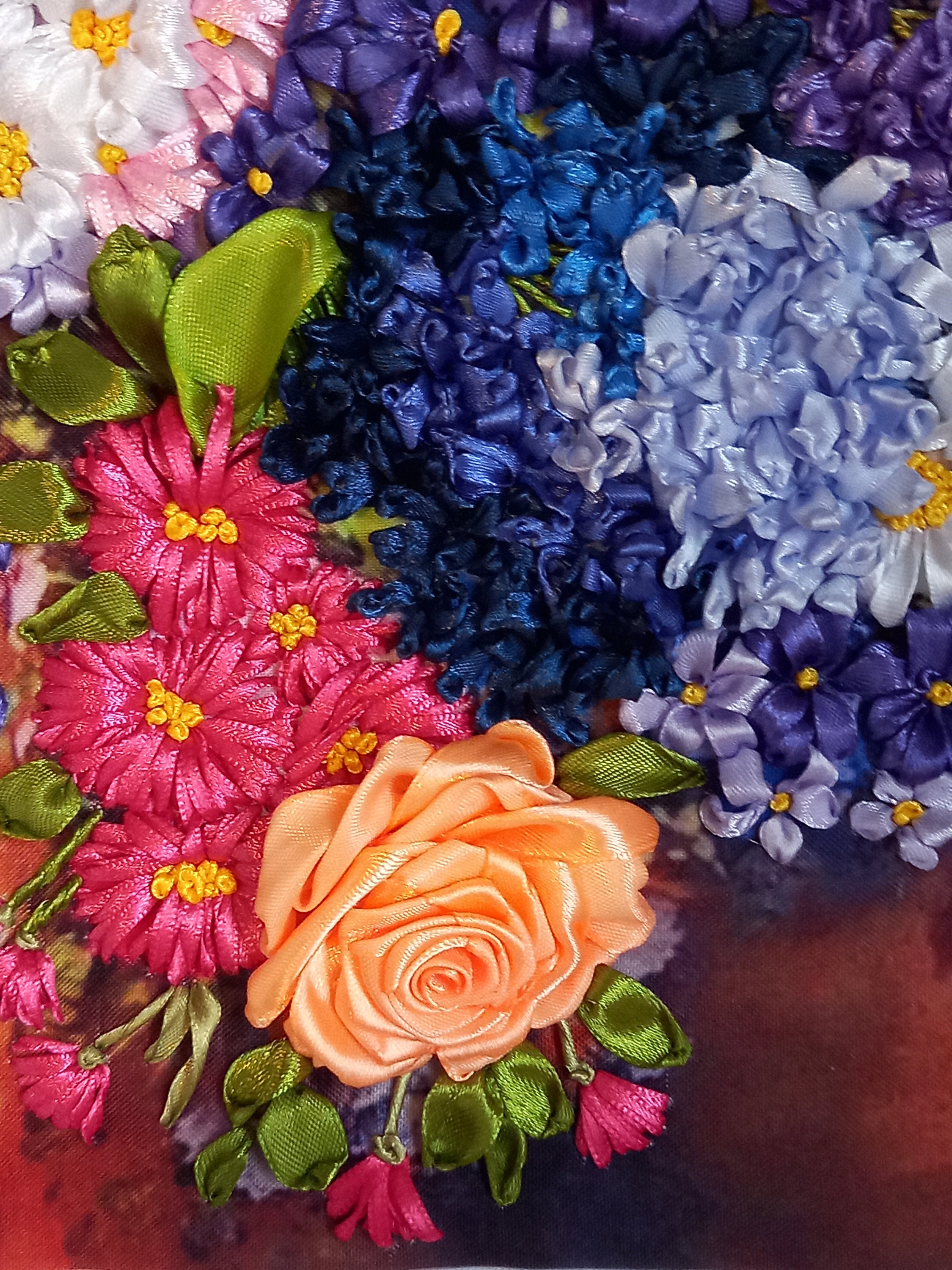 Hand Embroidered Bouquet sunny Flowers Silk Ribbon Embroidery 3D Effect ...