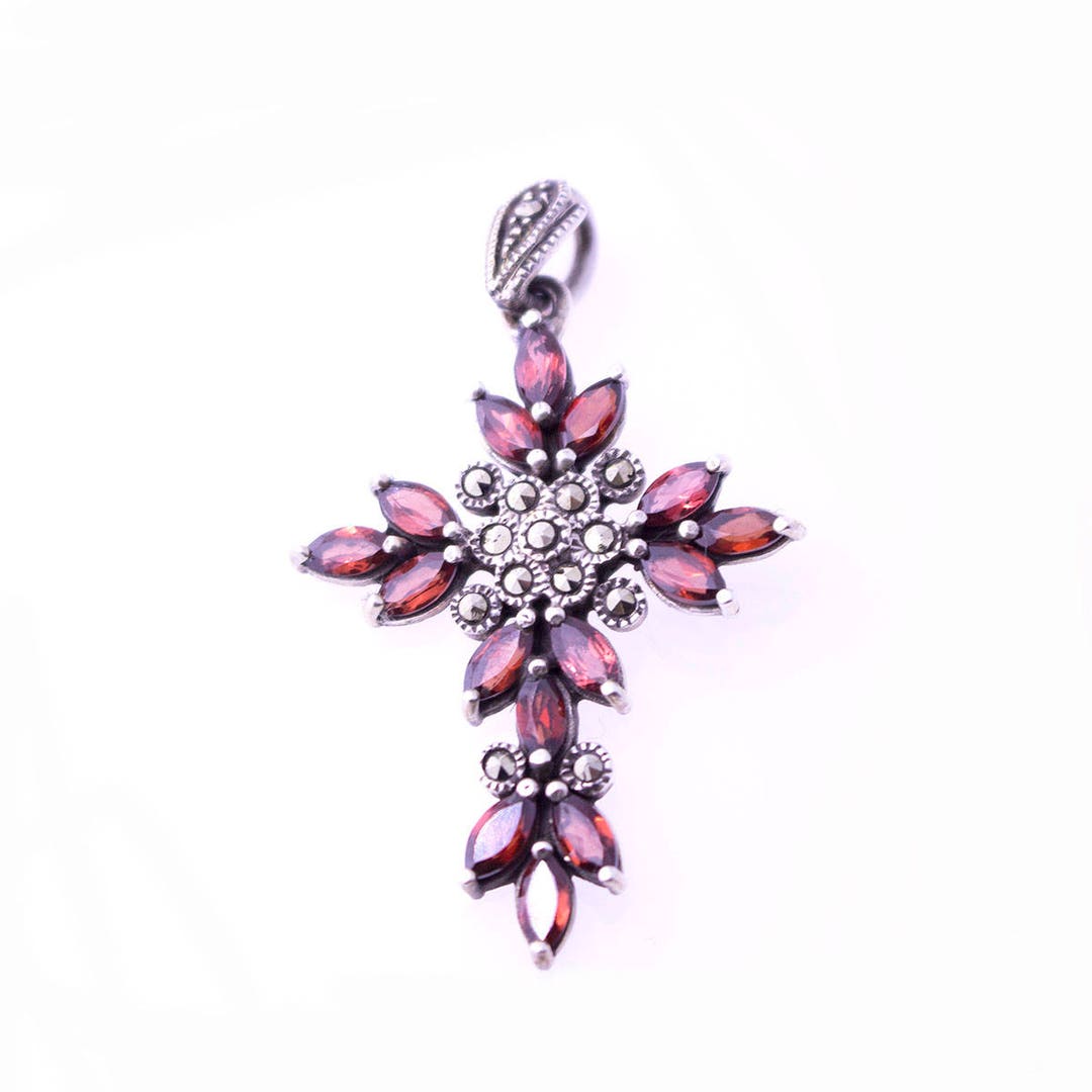Sterling Garnet and Marcasite Cross Pendant - Etsy