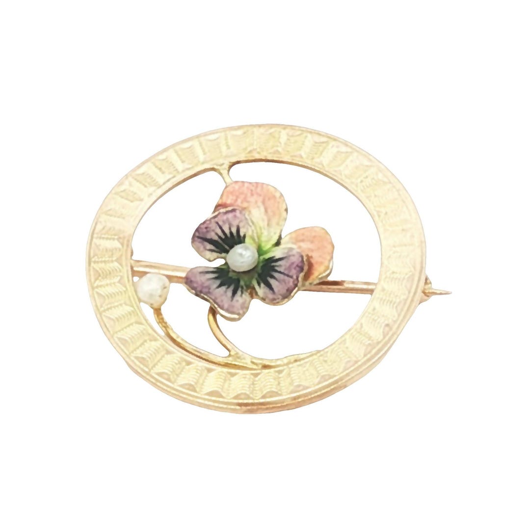 10k Yellow Gold Small Enameled Pansy Circle Pin With Two Seed Pearls - Etsy