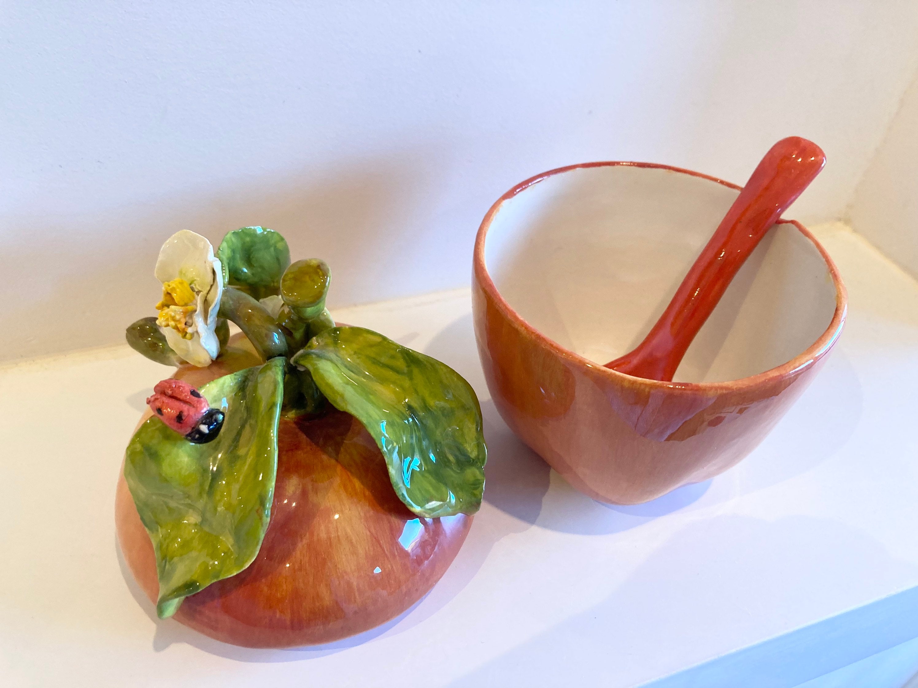 Eva Gordon RARE Hand Made Sugar Bowl With Spoon an Apple Decorated With ...