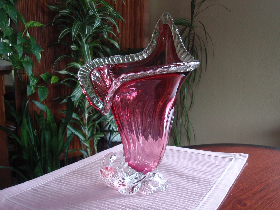 Blown Art Glass Vase Centerpiece Pink With Clear Glass Fluted Edge and ...
