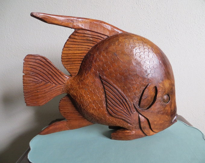 Large 12” Tall X 15” Wide Decorative Wood Angel Fish Statue Art Deco ...