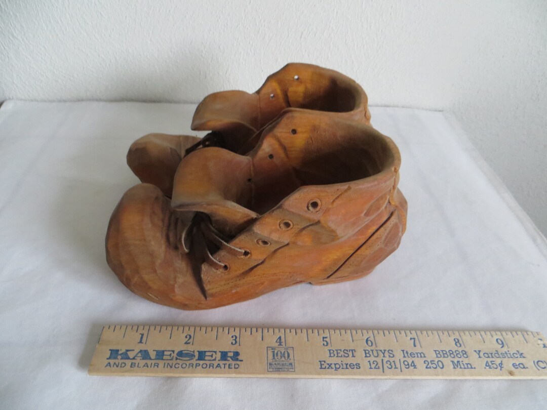 Folk Art 7.5" Large Pair Black Forest Work/boots/shoe Hand Carved Wood ...