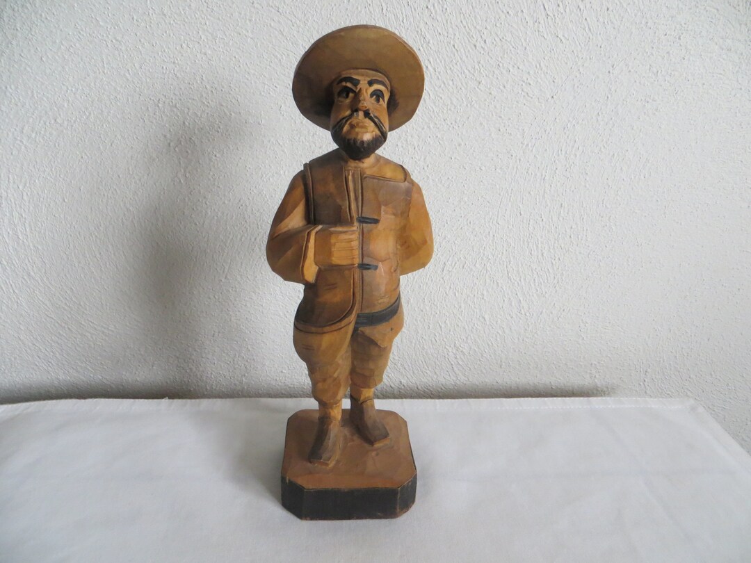 Vintage Folk Art Man Figure Figurine Carved Wood 9 Inches Tall With Hat ...