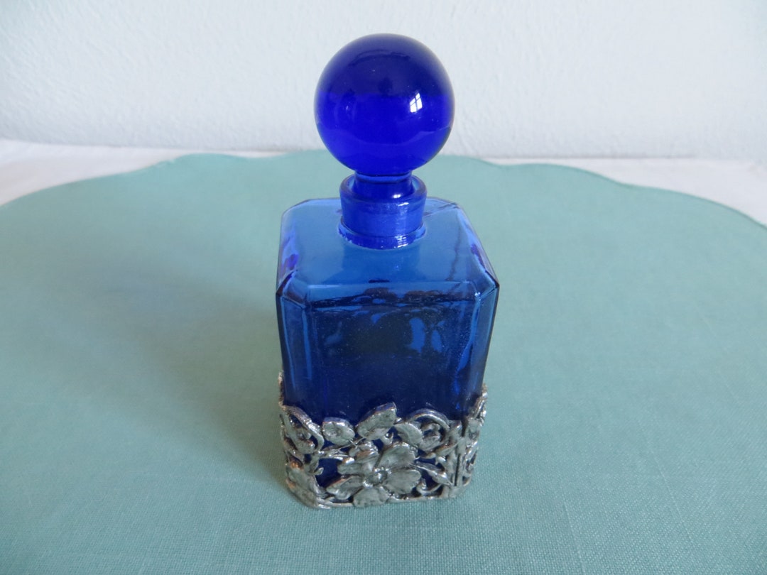 Vintage Glass Perfume Bottle Cobalt Blue Floral Silver Metal Overlay ...