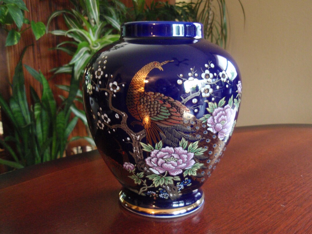 Lovely Cobat Blue Vase Made in Japan Peacock and Flowers Collectible ...
