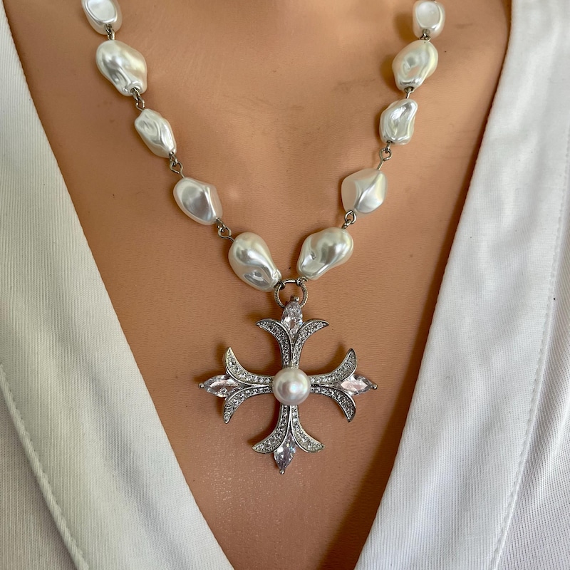 Pearl Cross Necklace - Etsy