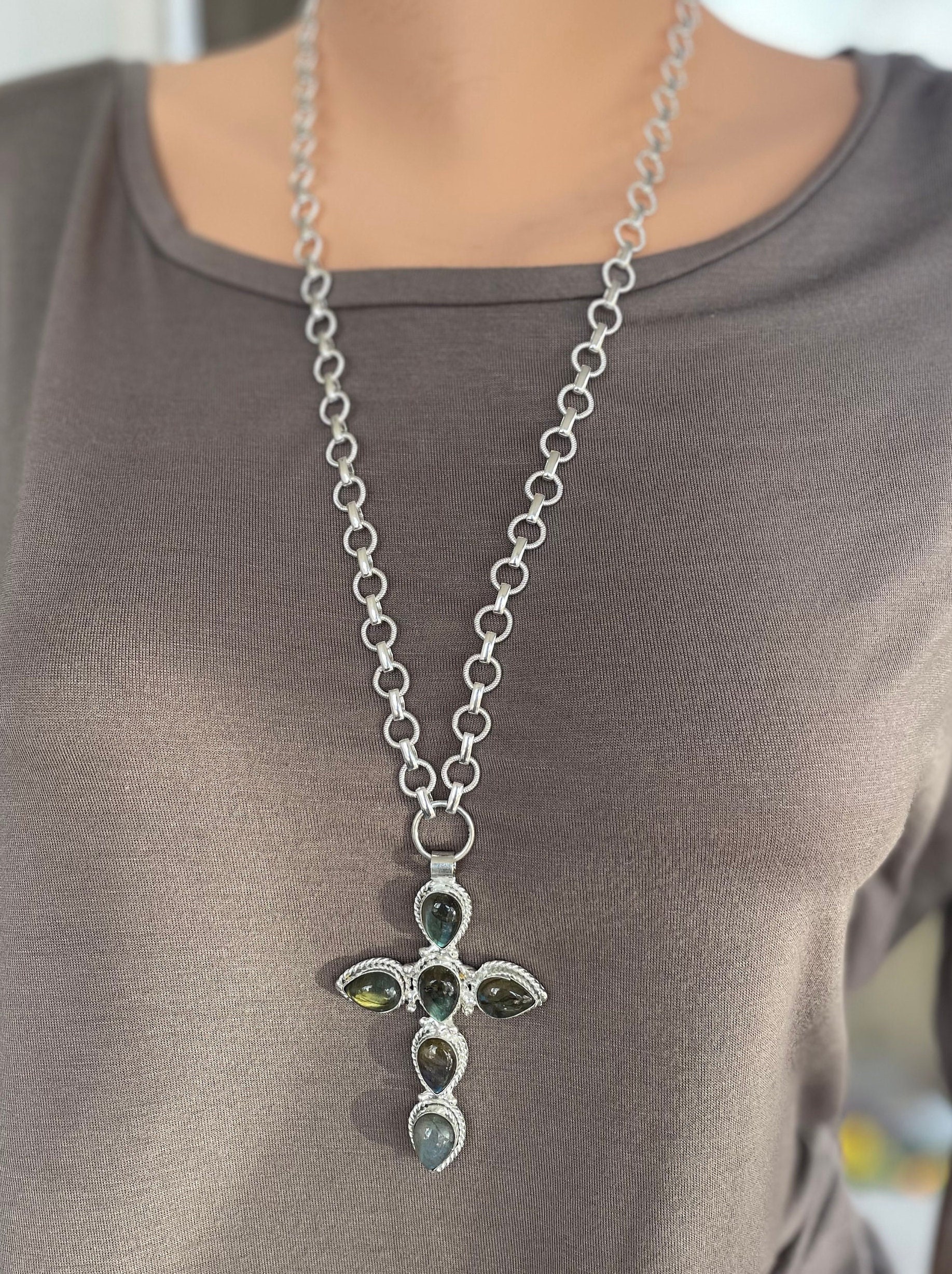 Labradorite Cross Pendant Necklace, Long Cross Necklace, Gemstone ...