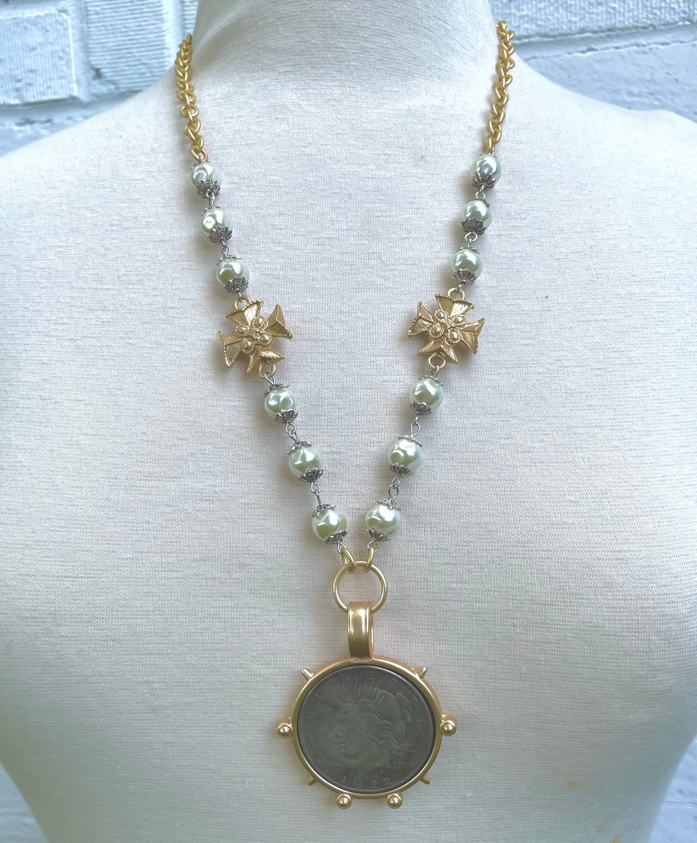 Coin Pendant Necklace, Pearl Necklace With Cross, Coin Statement ...