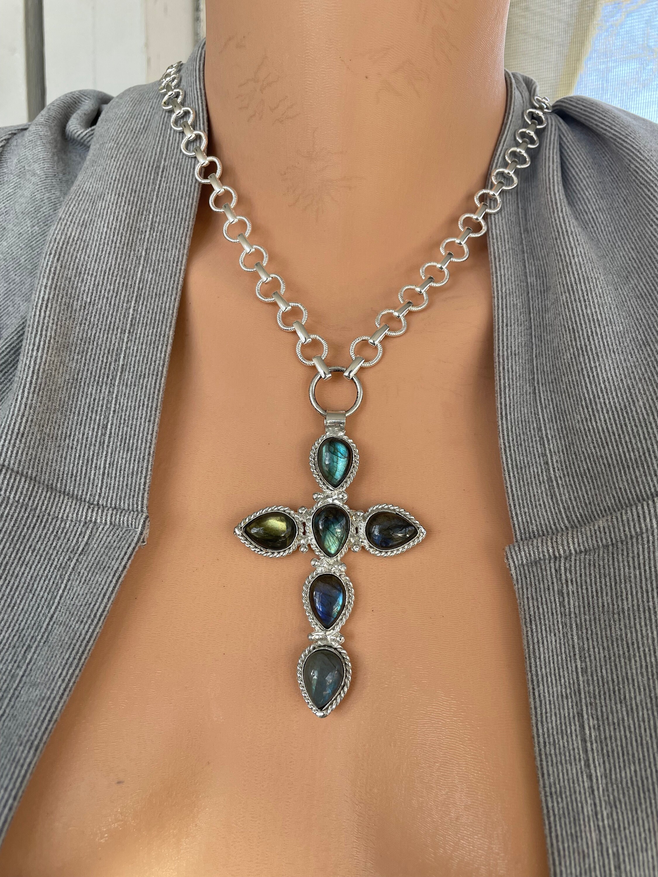 Labradorite Cross Pendant Necklace, Long Cross Necklace, Gemstone ...