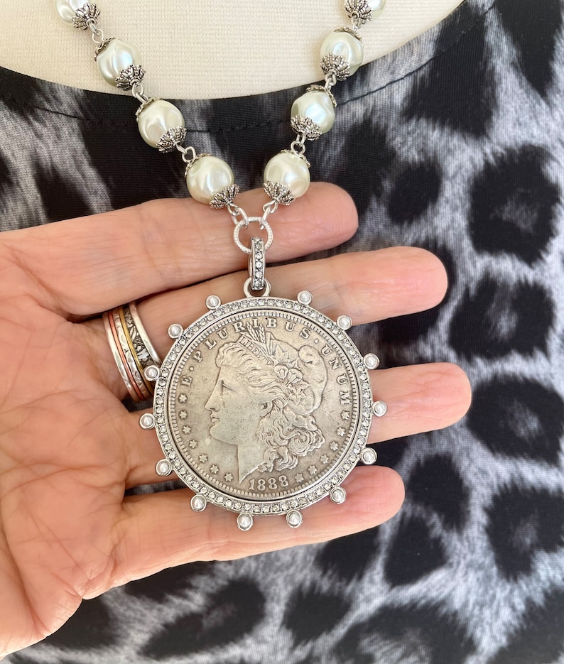 Silver Dollar Reproduction Coin Necklace, Coin Necklace With Pearls, - Etsy