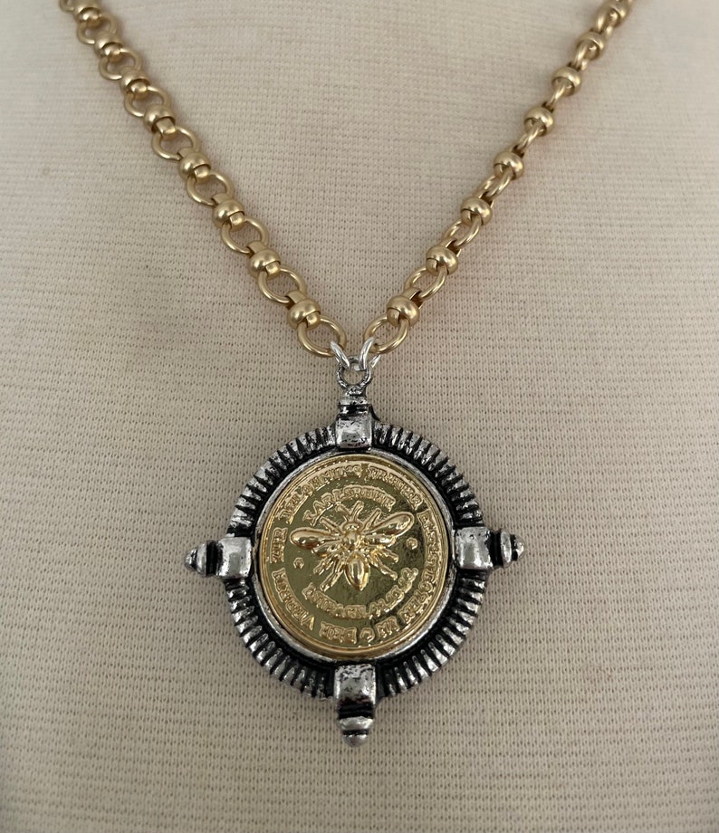 Mixed Metal Coin Pendant, Silver and Gold Coin Necklace, French Coin ...