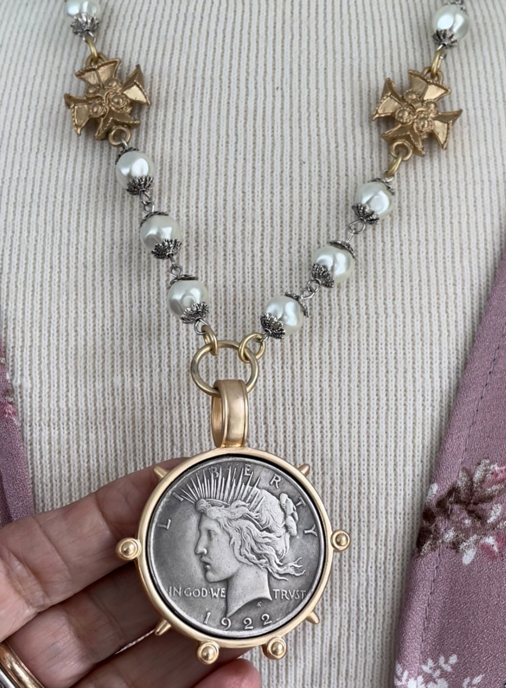 Coin Pendant Necklace, Pearl Necklace With Cross, Coin Statement ...