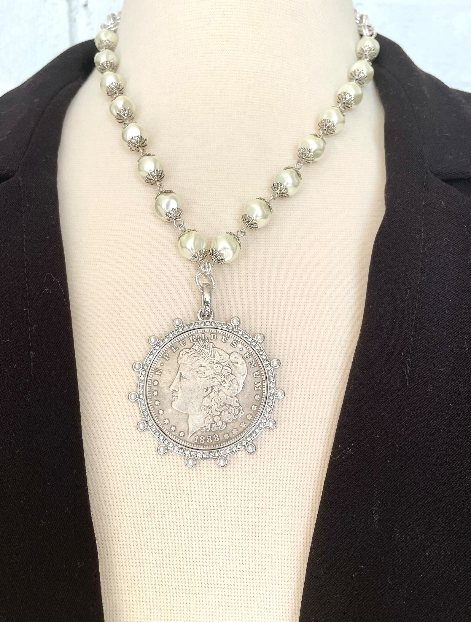 Silver Dollar Reproduction Coin Necklace, Coin Necklace With Pearls, - Etsy