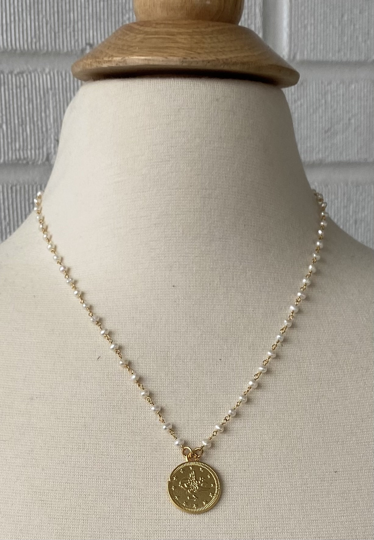 Small Gold Coin Pendant on Handmade Pearl Beaded Chain. - Etsy