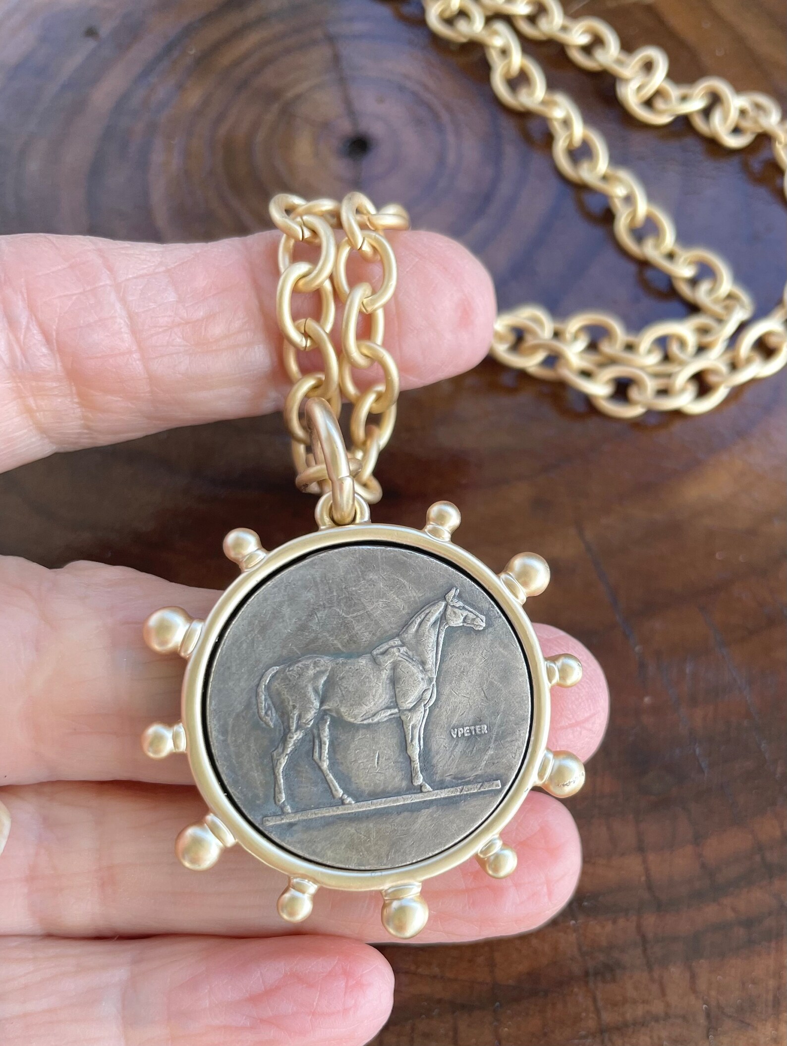 Horse Pendant Necklace, Horse Coin Pendant, Equestrian Necklace, Golden ...
