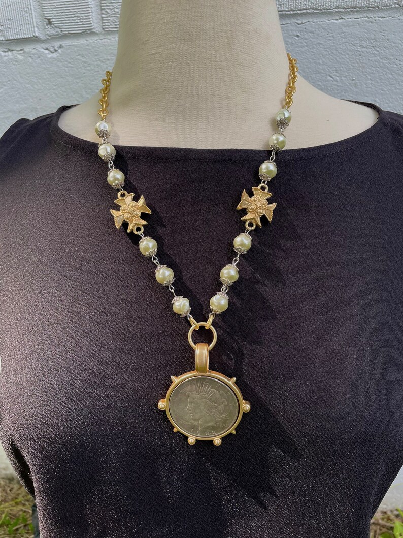 Coin Pendant Necklace, Pearl Necklace With Cross, Coin Statement ...