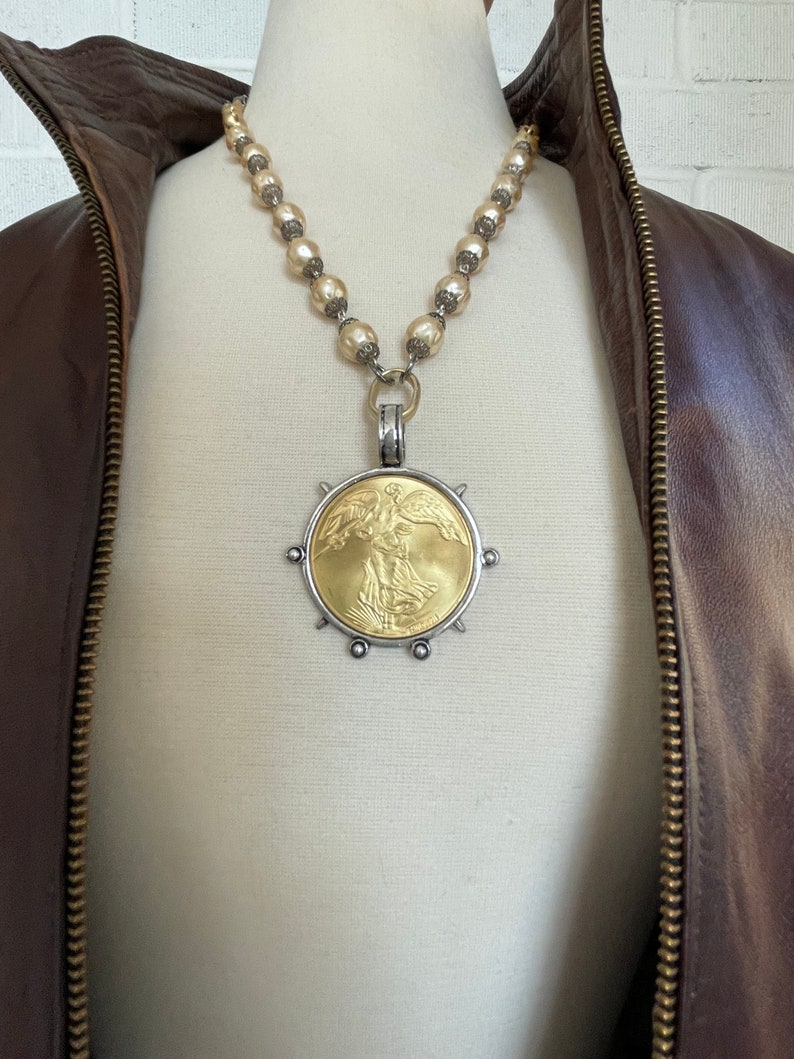 Reproduction Coin Pendant Necklace, Czech Pearls, Mixed Metal Chain - Etsy
