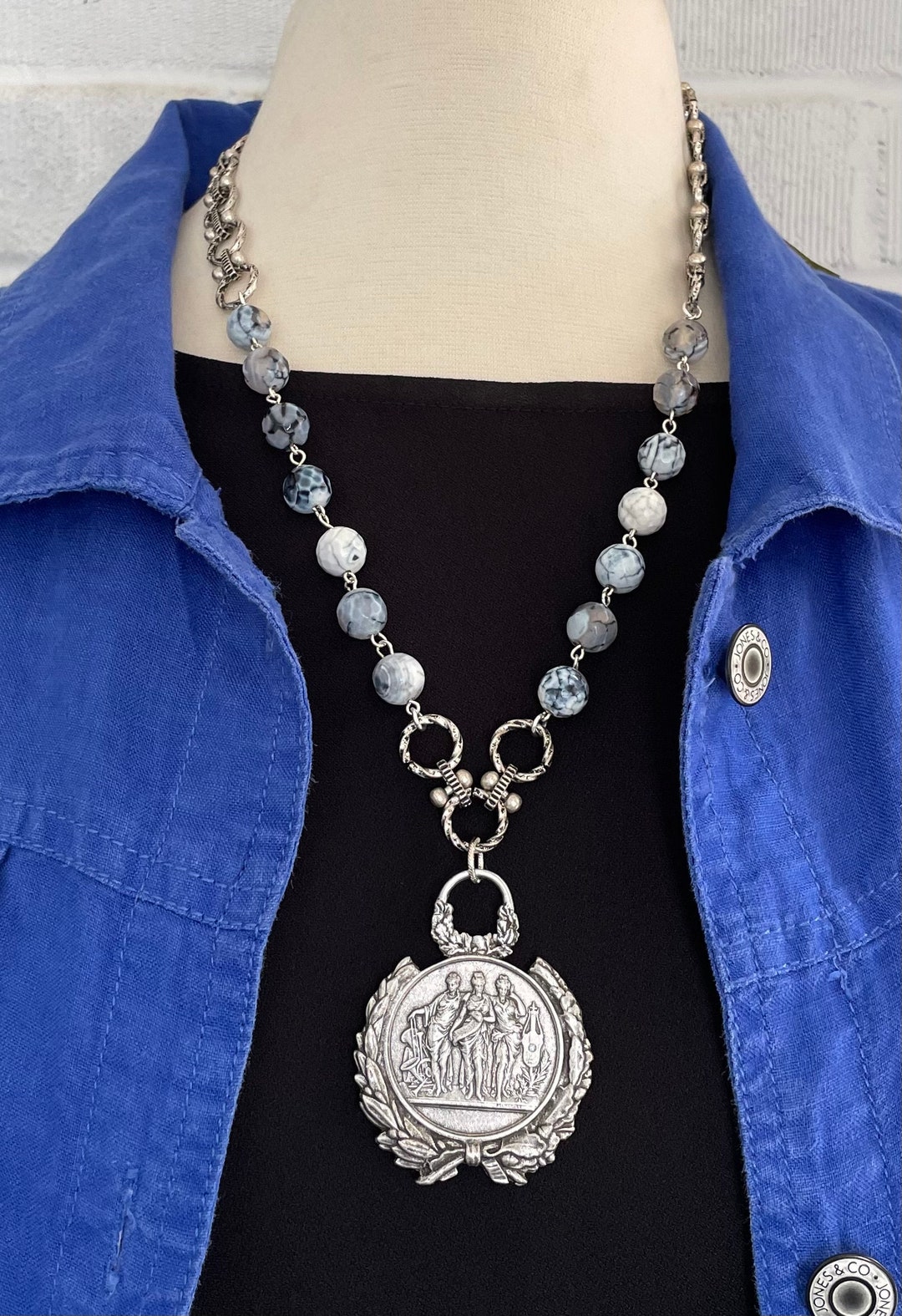 French Medal Pendant, Medal of Honor Necklace, Blue Agate Necklace With ...