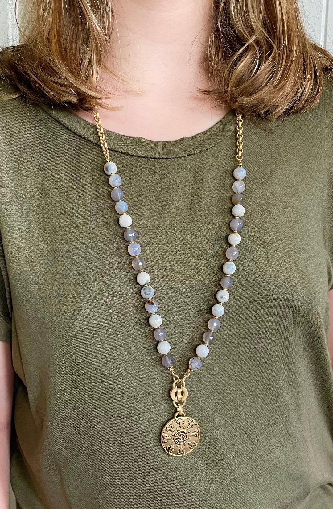 Gold Pendant Necklace, Beaded Gold Pendant Necklace, Agate Necklace - Etsy