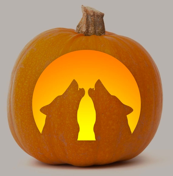 Printable Pumpkin Stencil for Carving Howling Wolves at Moon | Etsy