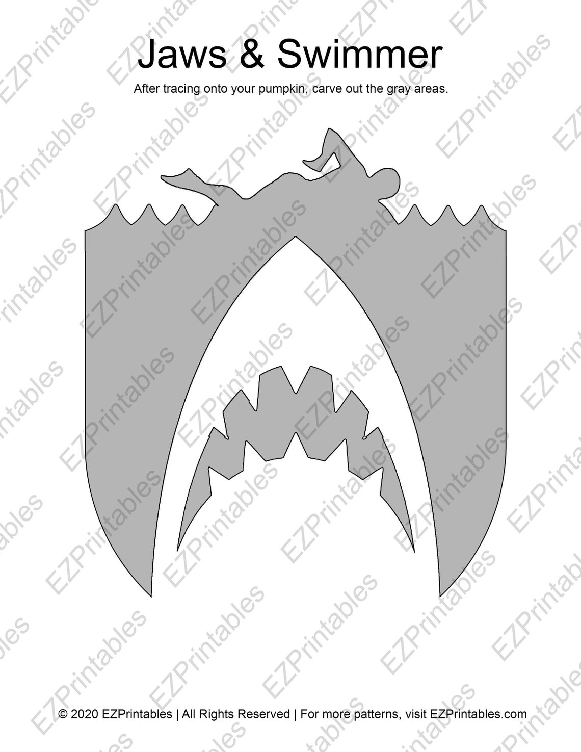 Printable Pumpkin Stencil for Carving JAWS Shark and Swimmer - Etsy