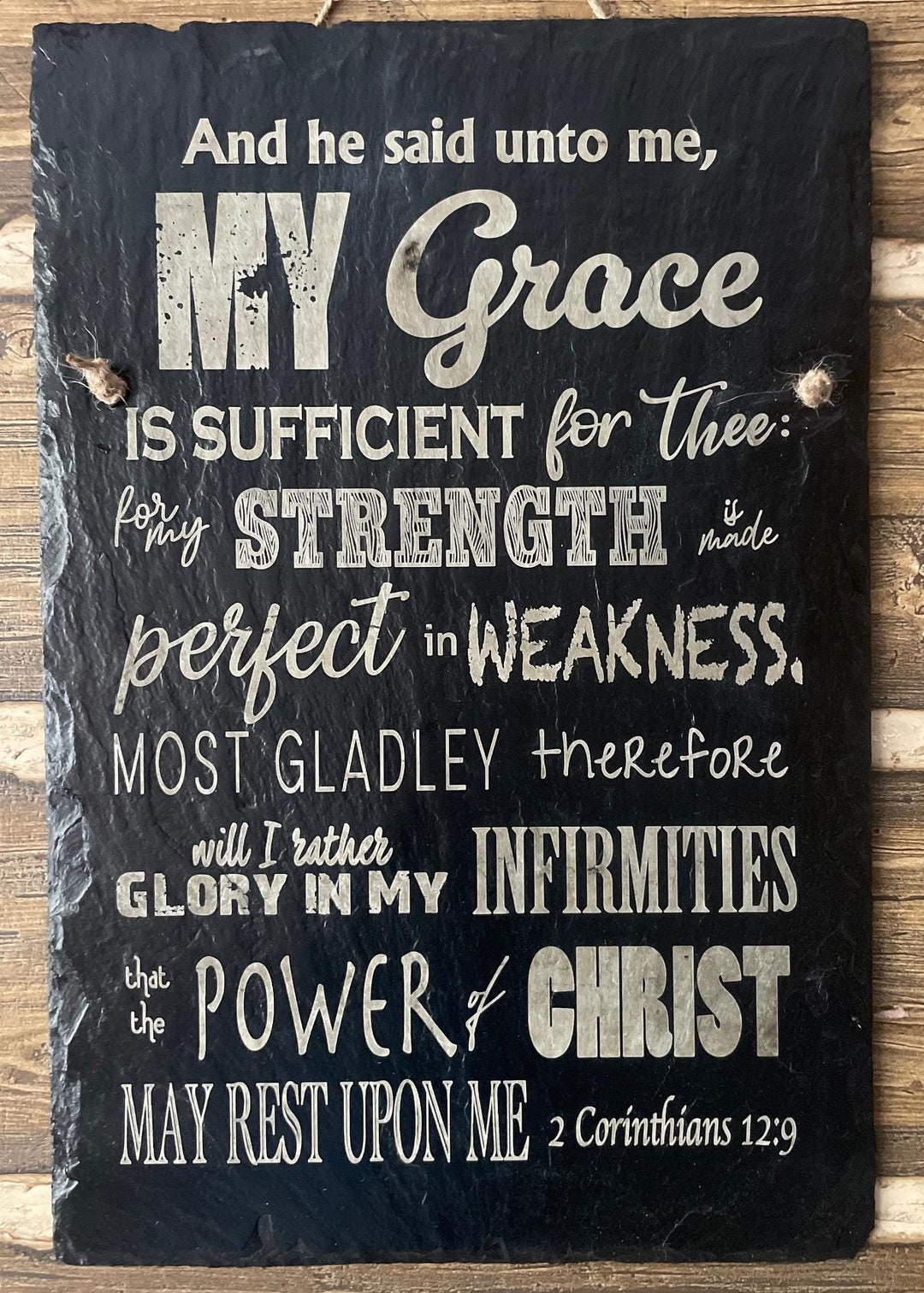 Handcrafted Repurposed Slate Laser Engraved Sign – 2 Corinthians 12:9 ...
