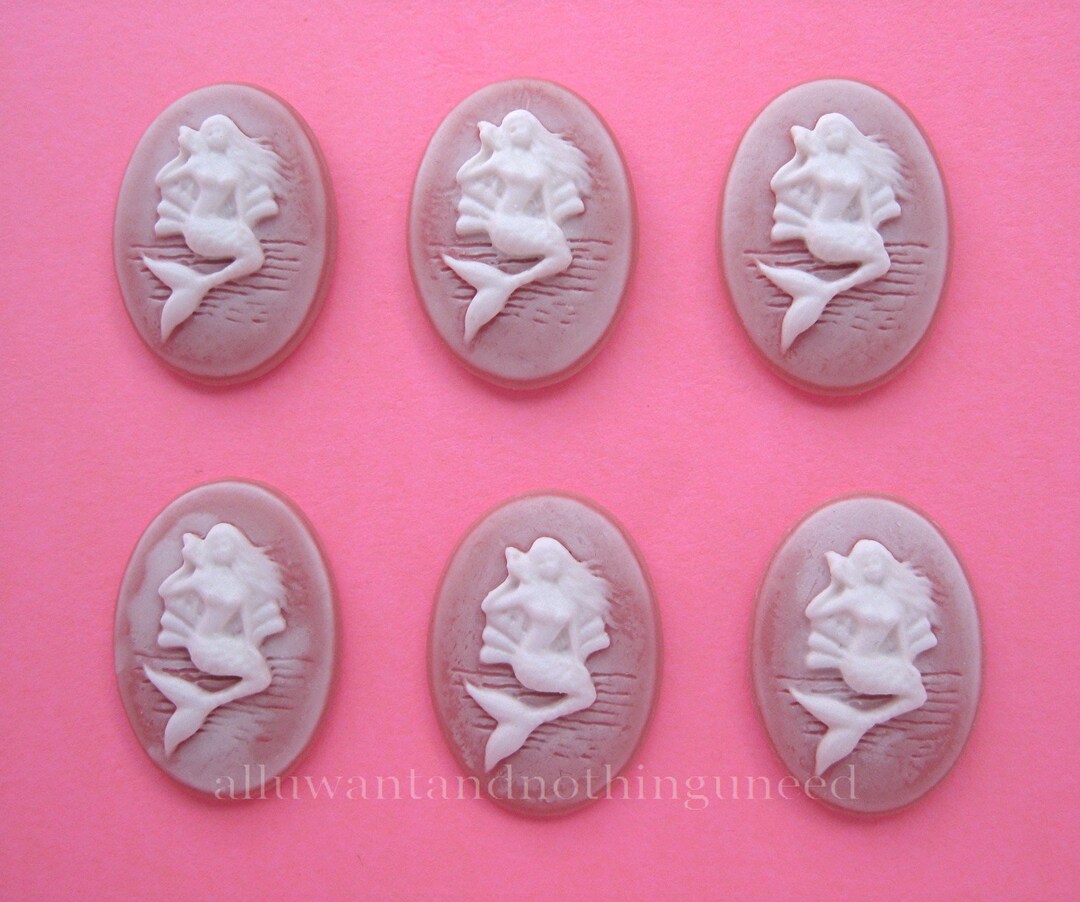6 White on Pink Vertical Mermaid Holding a Seashell 30mm X 20mm Cameos ...