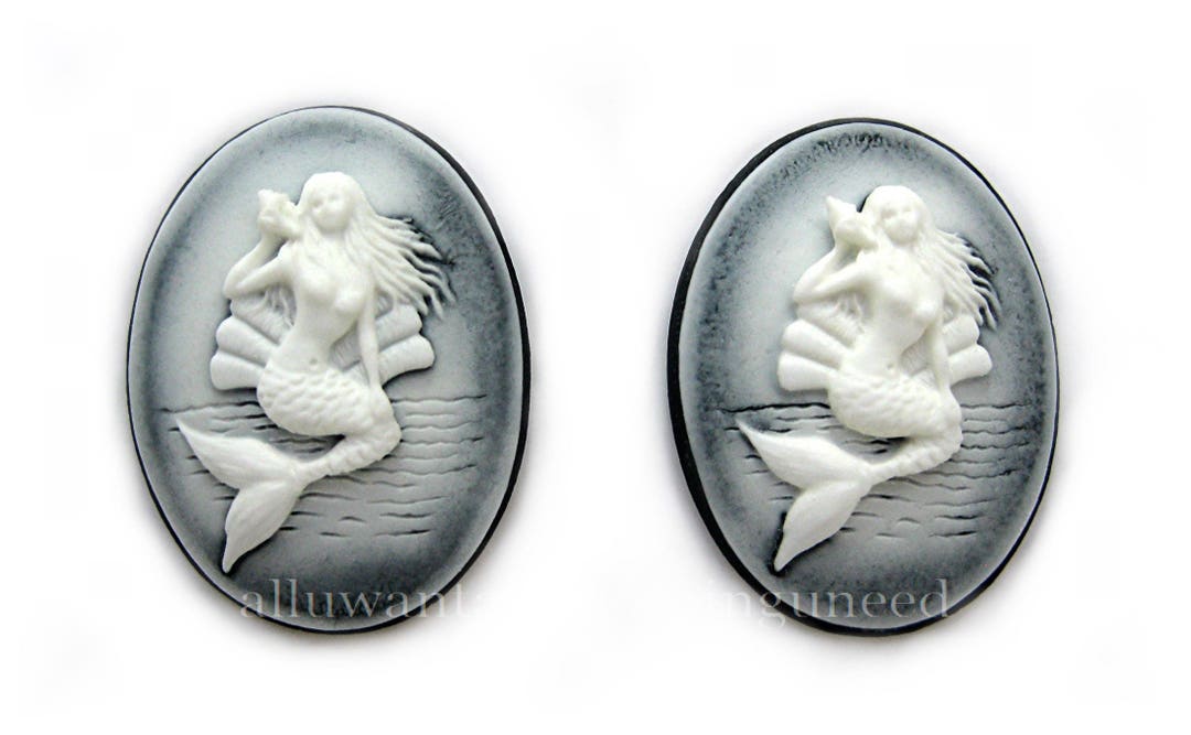 2 White on Black Vertical Mermaid Holding Seashell Cameos 40mm X 30mm ...