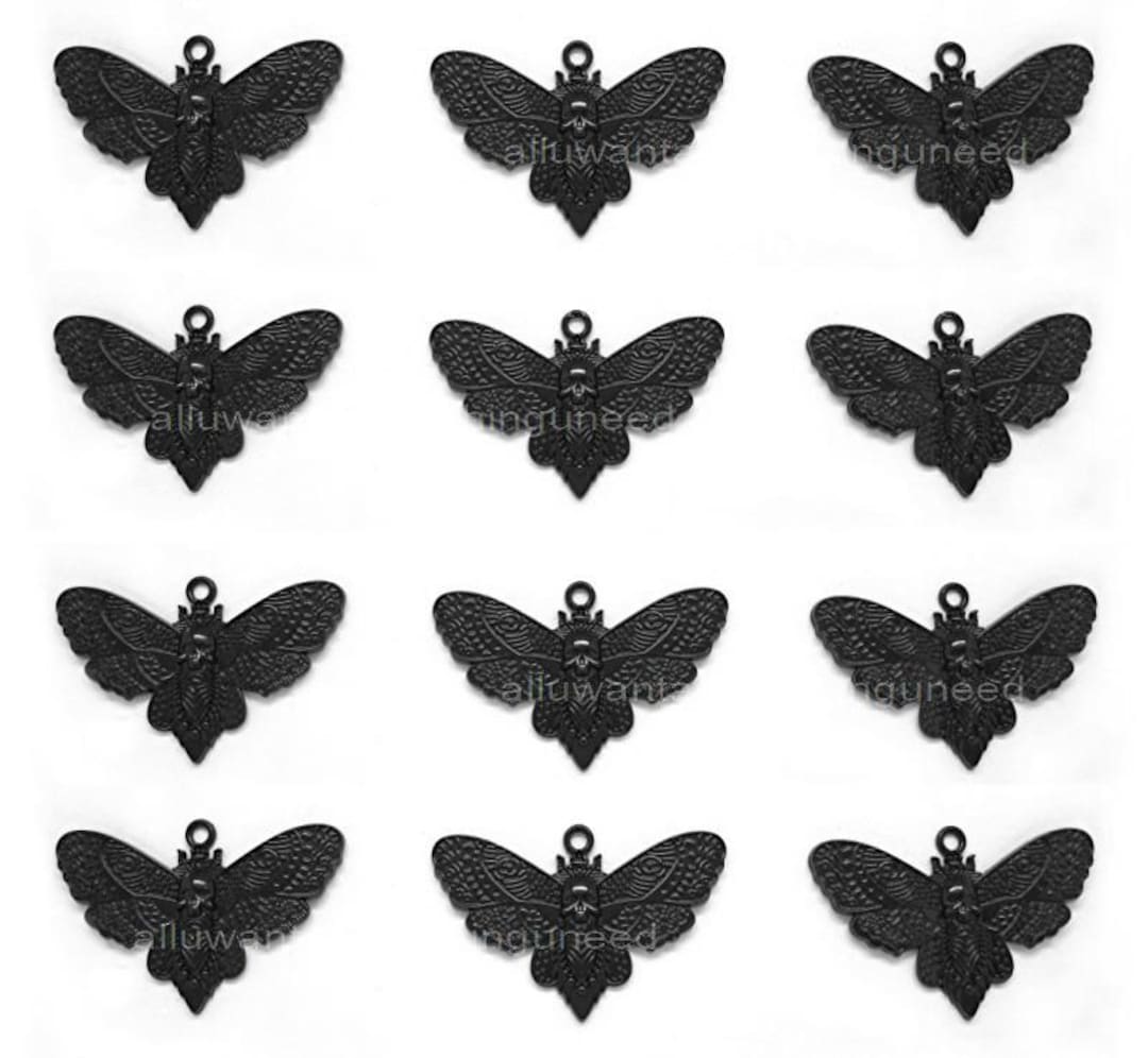 12 Black Metallic Gothic Emo DEATH MOTH Skull Pendant Charms to Make ...