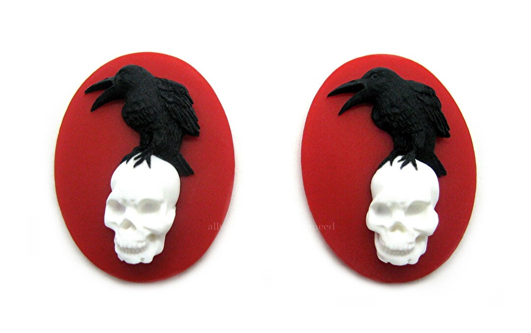 2 Goth Blackbird and Human Skull on Bright Red Cameo Crow Raven Wiccan ...