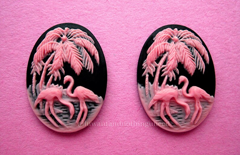 6 New Tropical Pink on BLACK FLAMINGOS Birds Palm Trees Caribbean ...