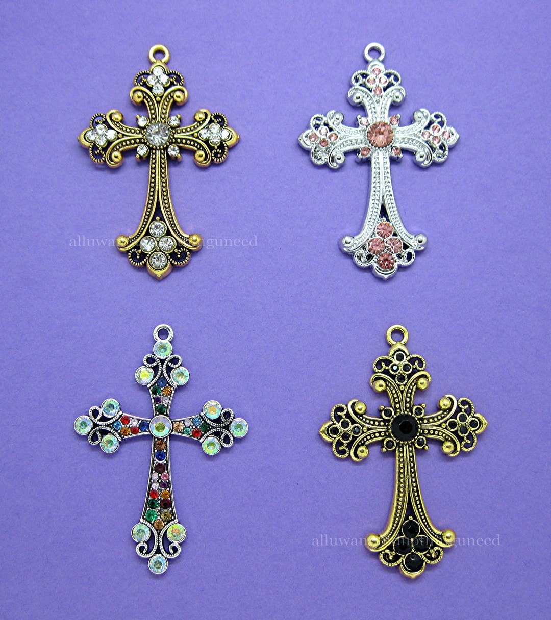 4 Big Silver and Gold Tone Christian Religious CROSS With CRYSTALS ...