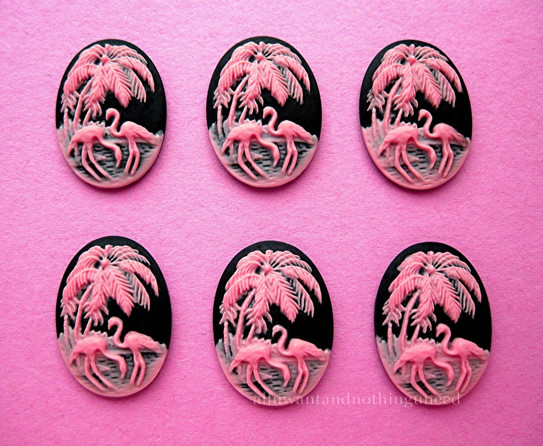 6 New Tropical Pink on BLACK FLAMINGOS Birds Palm Trees Caribbean ...