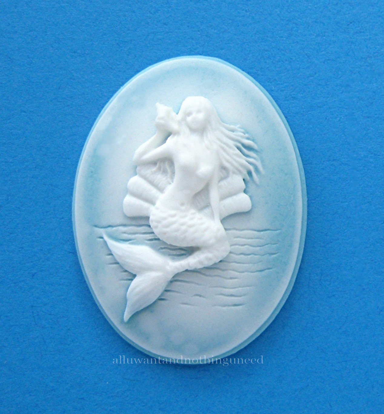 2 White on Baby Blue Vertical Mermaid Holding Seashell Cameo | Etsy