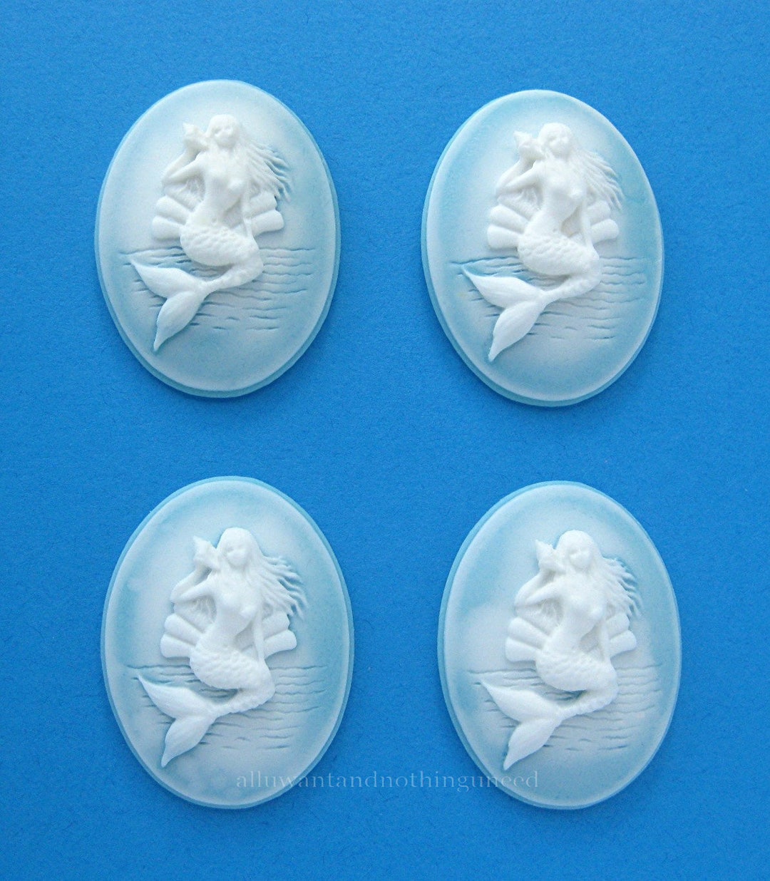 4 White on Baby Blue Vertical Mermaid Holding a Seashell Cameo 40mm X ...
