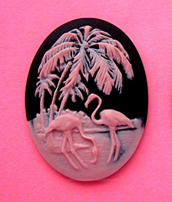 Paper, Party & Kids 18mm Round Glass Cameo Black with Pink Birds & Gold ...