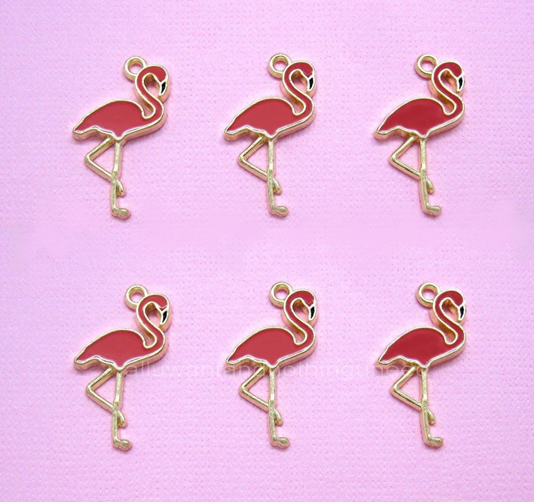 6 Goldtone Gold Tone Bright PINK FLAMINGO Flamingos Pendant Charms ...