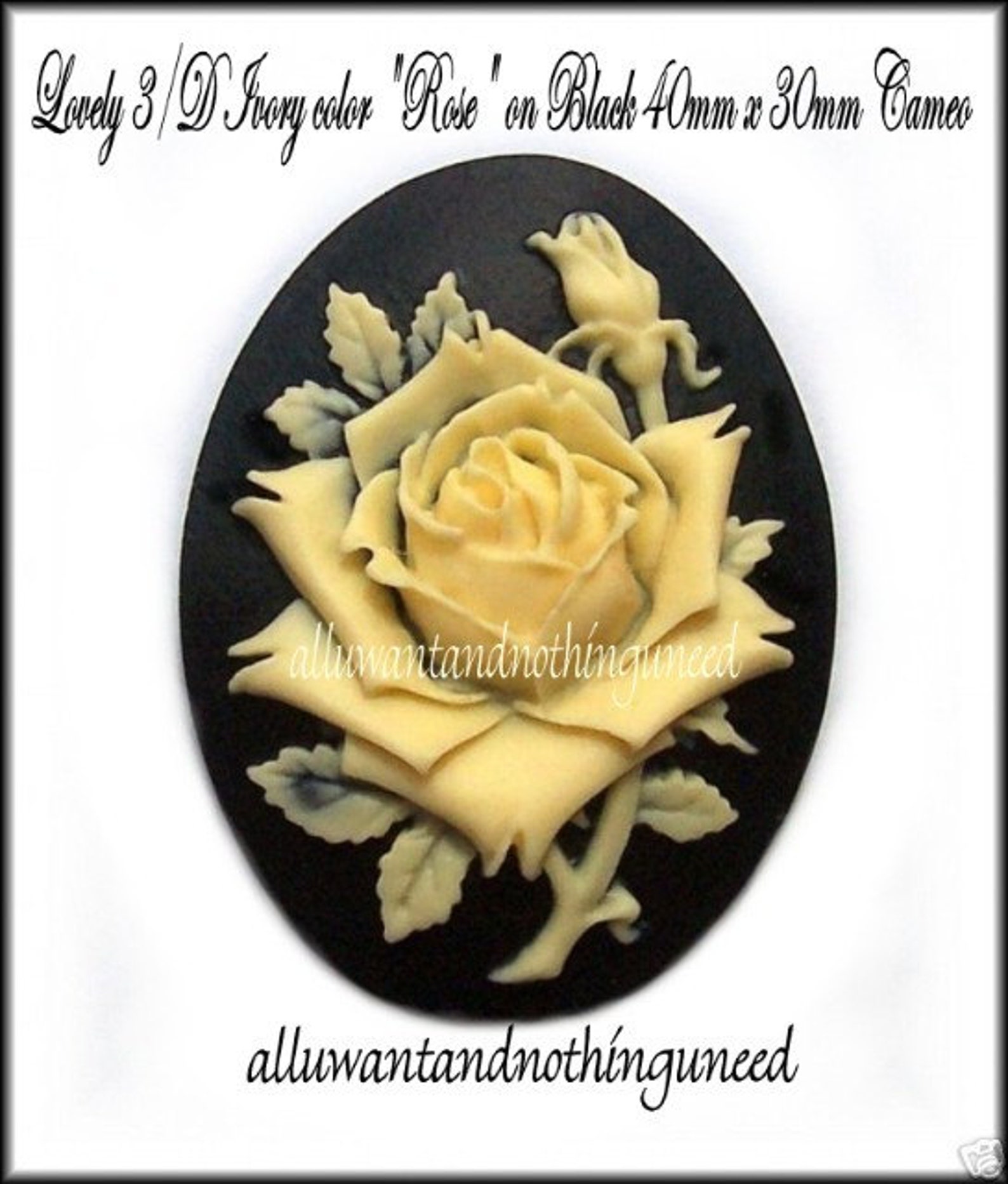 2 Roses Floral Rose Flower Ivory Color on Black 40mm X 30mm Resin ...