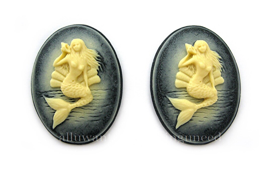 2 Ivory Color on Black Vertical Mermaid Holding Seashell Cameos 40mm X ...