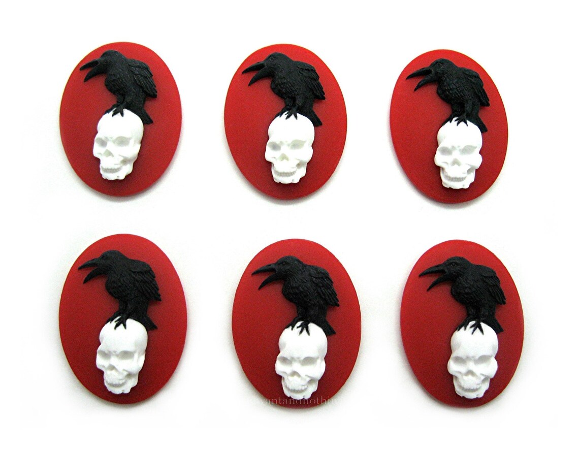 6 Goth Black on Blood Red Crow Raven on Human Skull Blackbird - Etsy