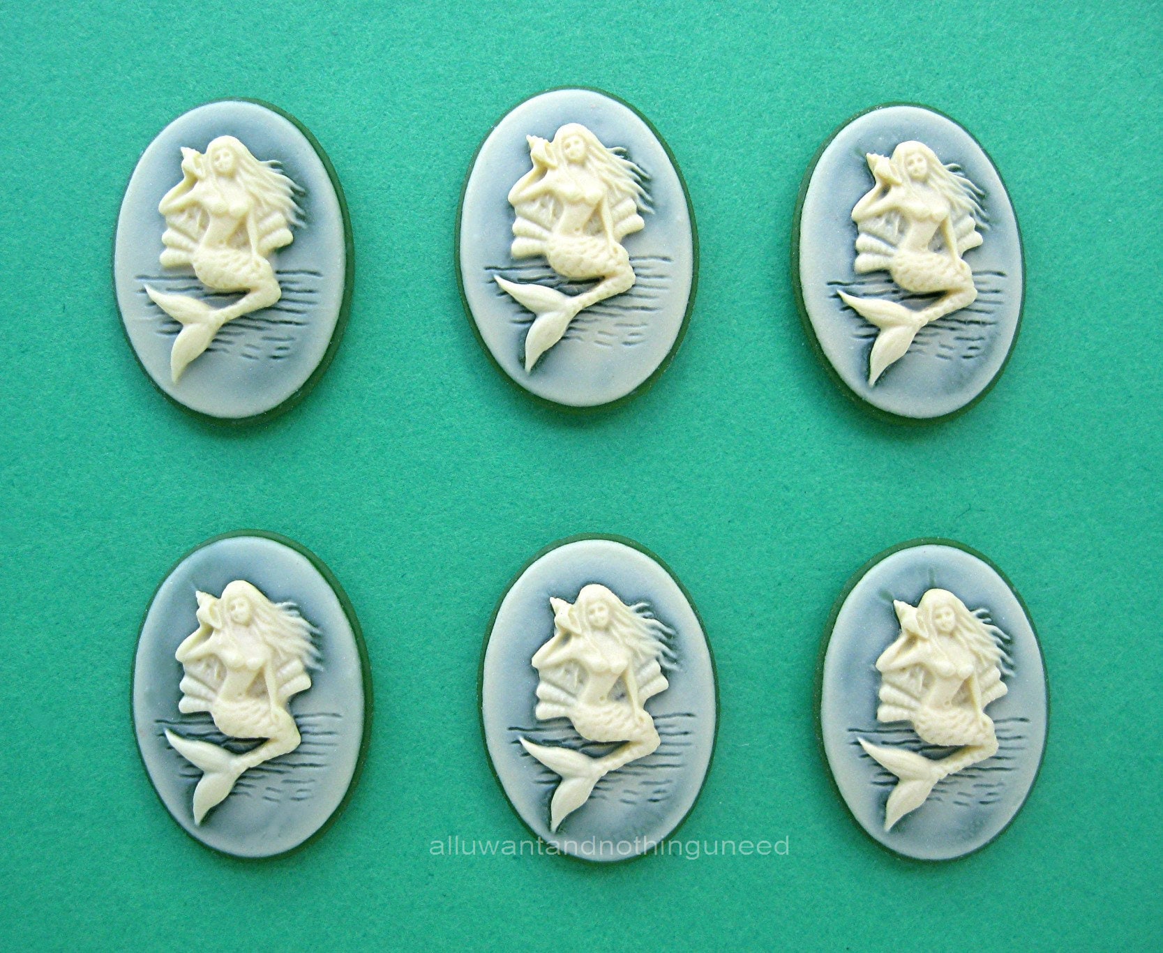 6 Ivory Color on GREEN Vertical Mermaid With a Seashell Cameos | Etsy