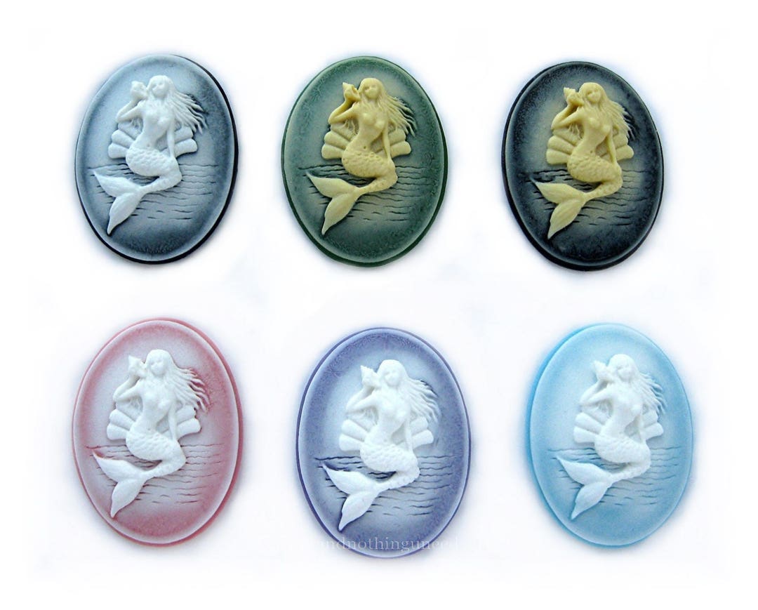 6 MULTI COLOR Vertical Mermaid With Seashell Cameo Lot of 40mm X 30mm ...