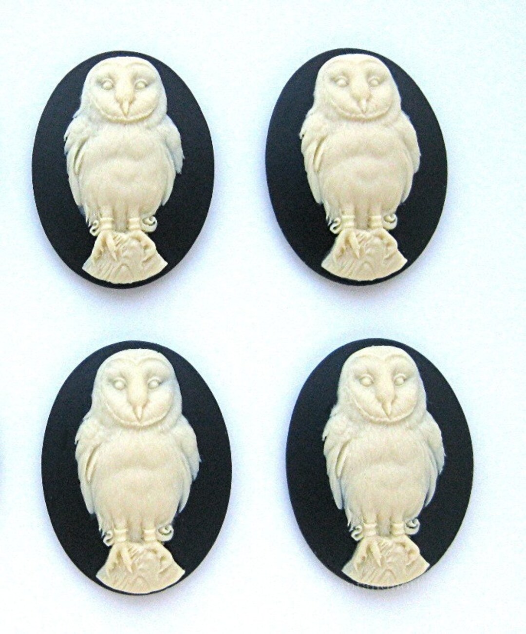 4 Ivory Color BARN OWL on Black Cameo 40mm X 30mm CAMEOS Lot Bird of ...