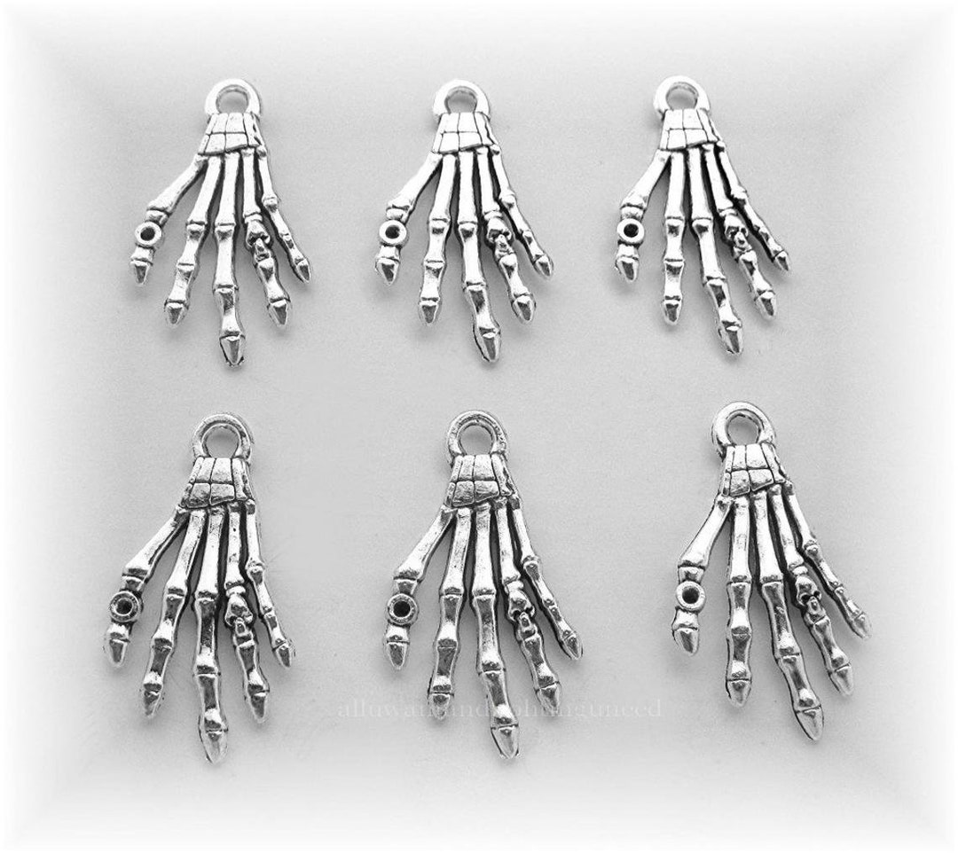 6 ANTIQUED Silvertone 1 1/2 X 3/4 Inches Skeleton Hands Boney Fingers ...
