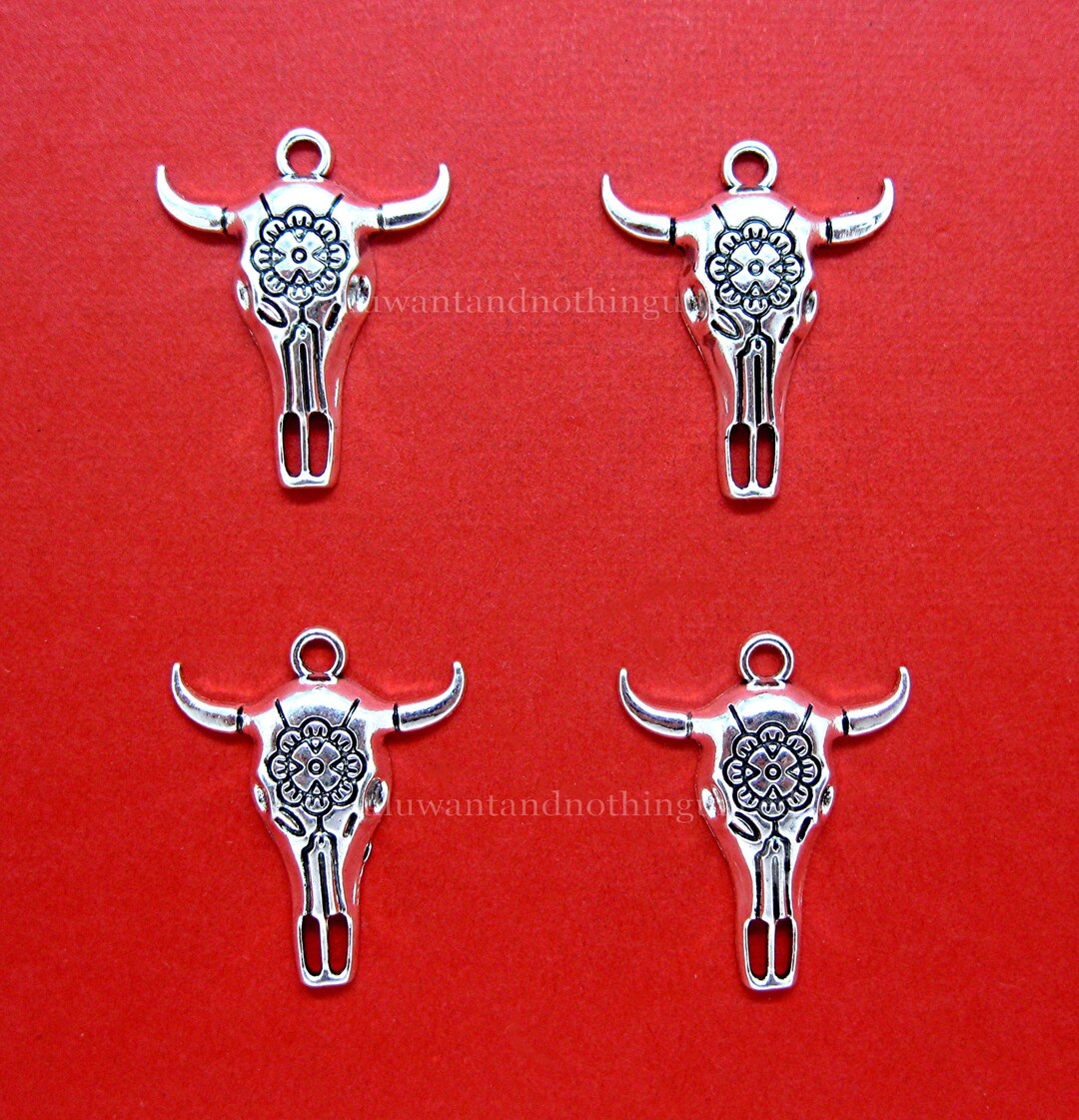 4 New Antiqued Silvertone Gothic COW STEER SKULL Western Pendants ...