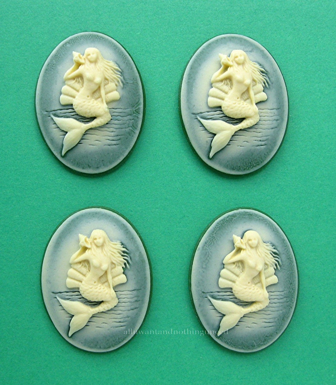 4 Ivory Color on GREEN Vertical Mermaid Holding Seashell Cameos 40mm X ...
